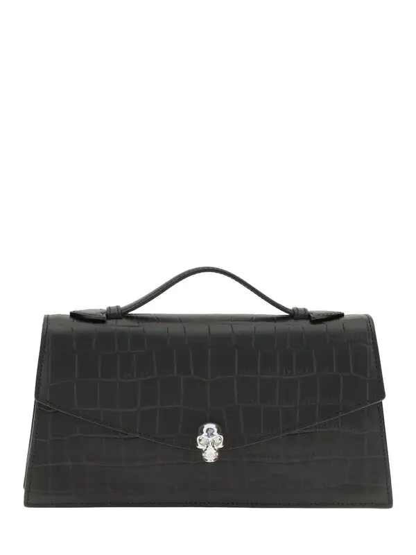 Alexander McQueen Croc-effect Calfskin Handbag Alexander With Skull Embellishment - Black