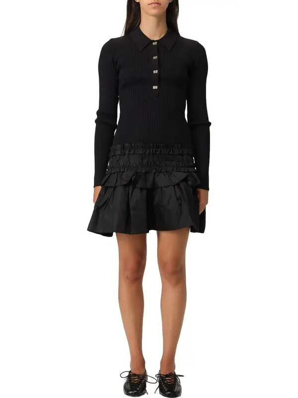 GANNI Long Sleeve Collared Dress With Ruffled Skirt - Black