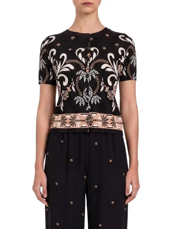TWINSET Printed Cotton Blend Crewneck Sweater With Short Sleeves - Black