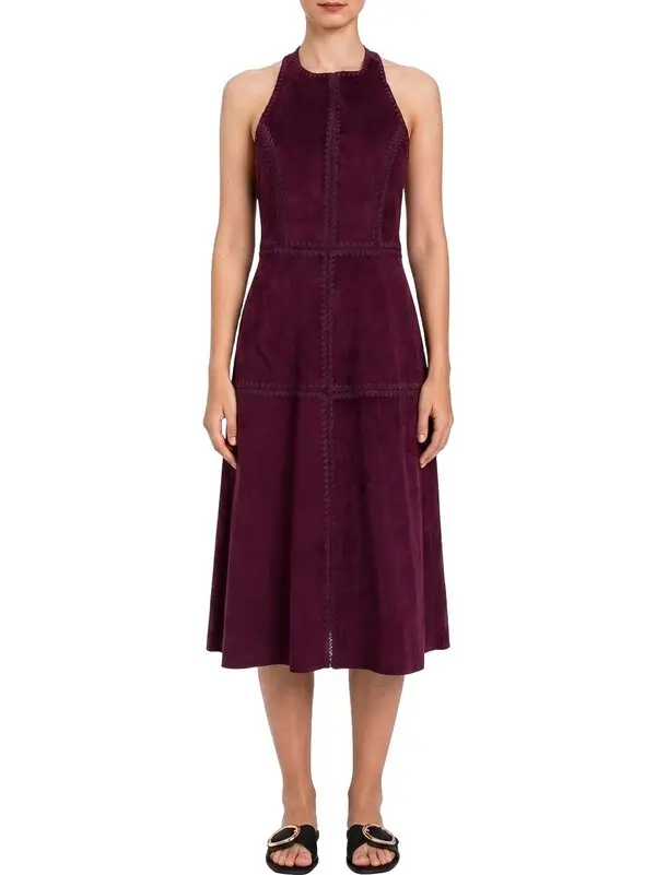 TWINSET Faux Suede Halterneck Midi Dress - Wine
