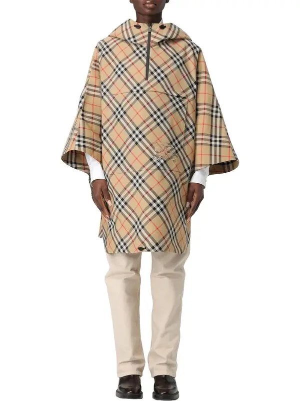 Burberry Checked Cape With Drawstring Hem - Sand