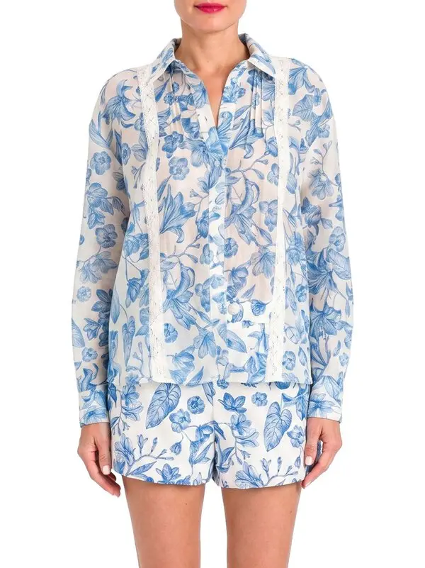 TWINSET Linen Blend Shirt With Floral Print And Lace Inserts - Multicolor