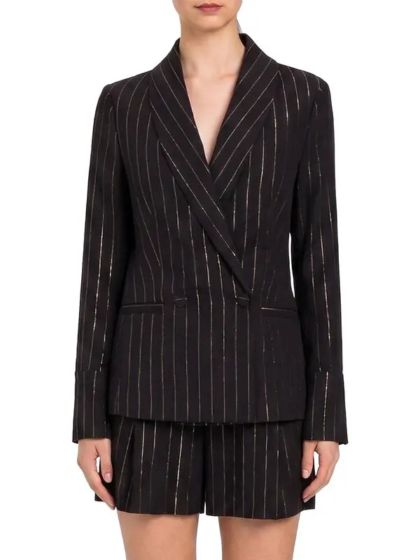 TWINSET Pinstriped Cotton Blend Double Breasted Blazer - Black