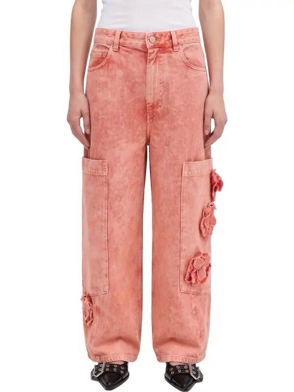GANNI Wide-leg Cargo Jeans With Floral Embellishment - Pink