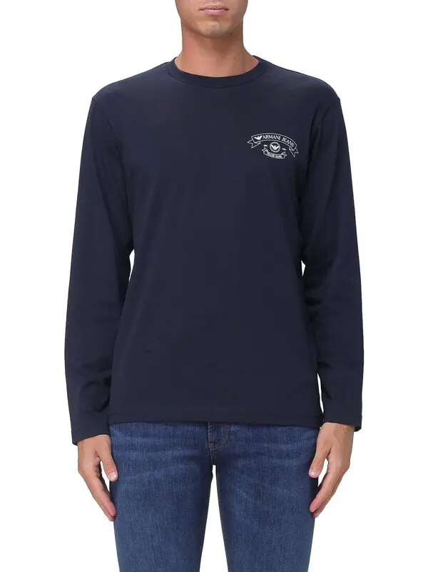 Emporio Armani Long-sleeved Contrast Logo Cotton T-shirt - Blue