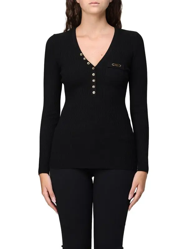 Elisabetta Franchi Ribbed V-neck Long Sleeve Jumper With Gold-tone Buttons - Black
