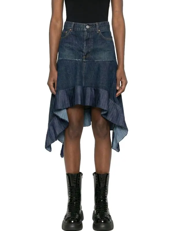 Sacai Cotton Denim Midi Skirt With Asymmetrical Hem - Blue