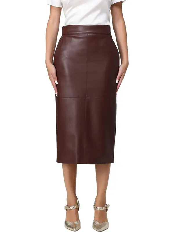 Elisabetta Franchi Leather Midi Skirt With Embellished Back - Brown