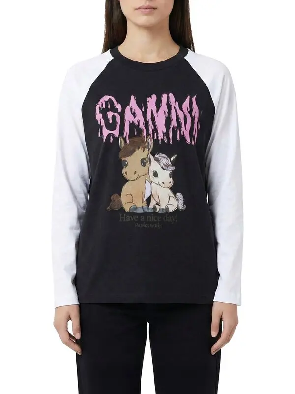 GANNI Long Sleeve Graphic Print Cotton T-shirt - Grey