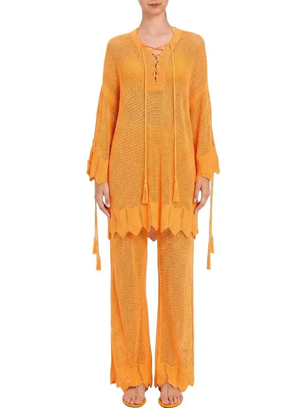 TWINSET Cotton Blend Kaftan Top With V-neck And Tassel Details - Orange