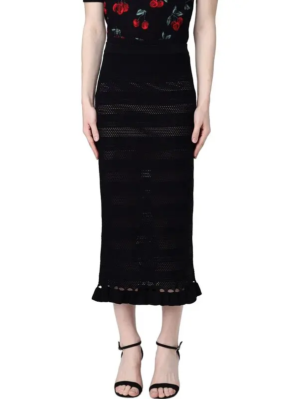 TWINSET Ribbed Knit Midi Skirt With Ruffle Hem - Black