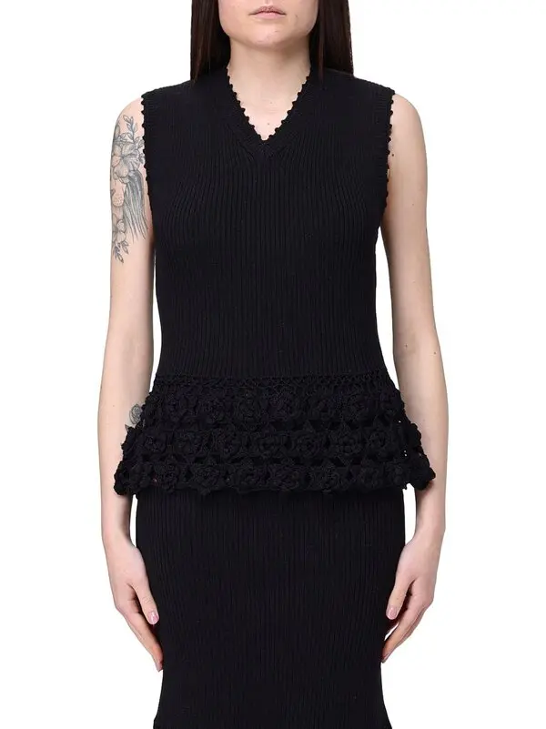 GANNI Organic Cotton Knit Top With Ruffle Detailing - Black