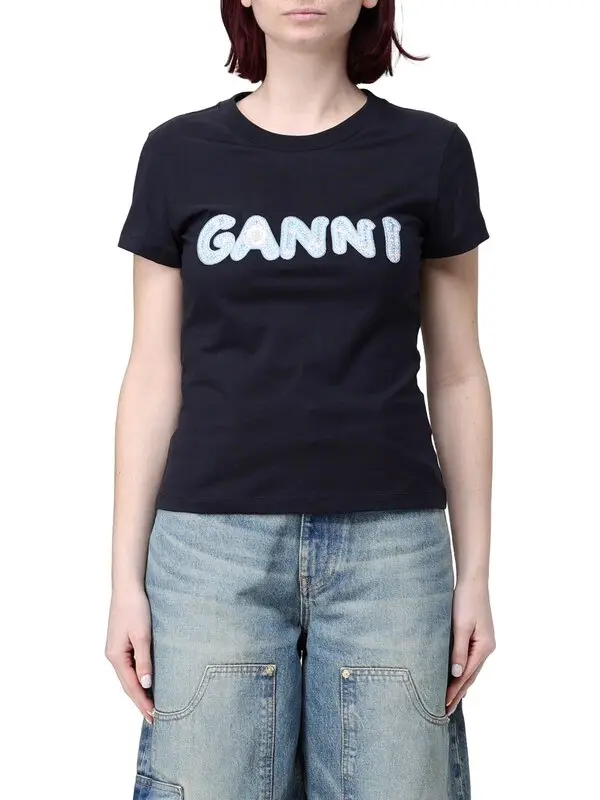 GANNI Organic Cotton T-shirts With Logo - Black