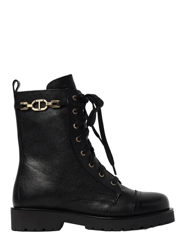 TWINSET Lace-up Leather Combat Boots With Buckle Detail - Black