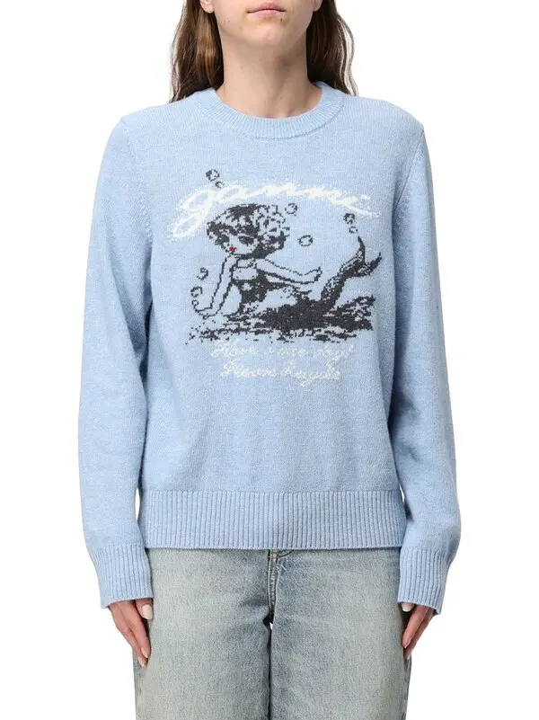 GANNI Recycled Wool-blend Sweater With Graphic Jacquard Logo - Blue