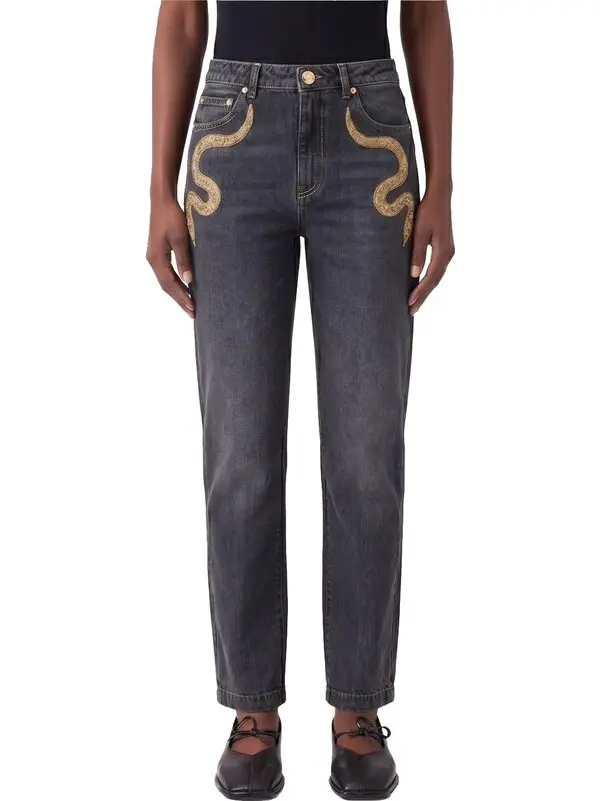 Roberto Cavalli Slim Fit Jeans In Denim With Rhinestones - Black