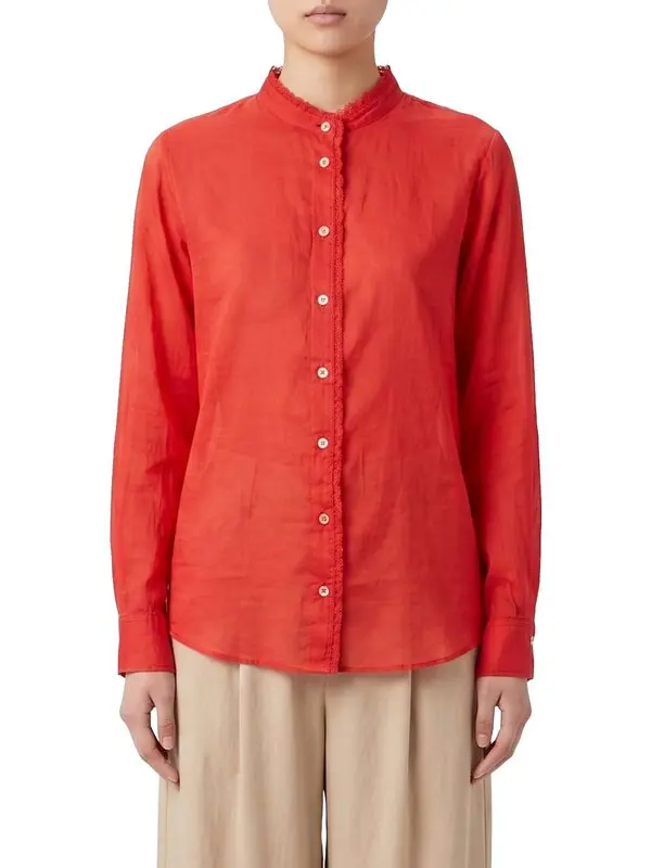 FORTE_FORTE Cotton And Silk Blend Shirt With Mandarin Collar And Lace Detail - Red