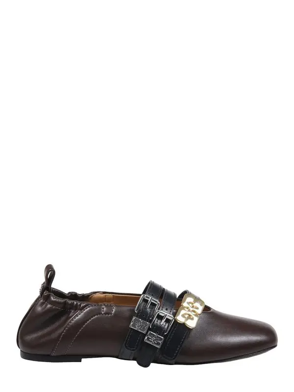GANNI Recycled Leather Mary Jane Flats With Double Strap And Butterfly Logo - Brown