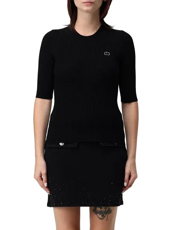 TWINSET Ribbed Knit Top With Logo Detail - Black