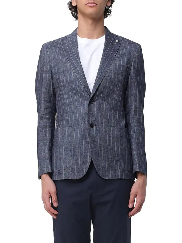 MANUEL RITZ Single-breasted Pinstriped Linen Blend Blazer - Blue
