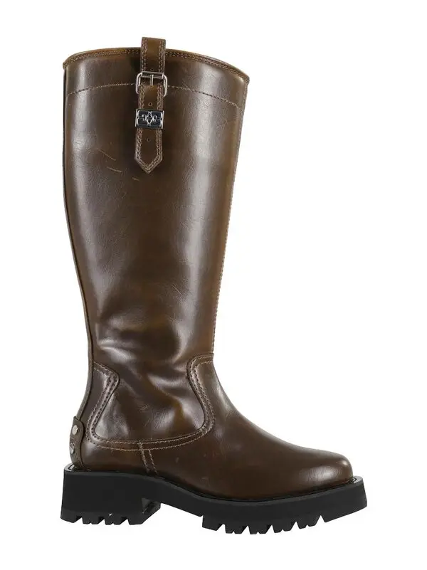 GANNI Knee High Buckled Zip Up Boots - Olive