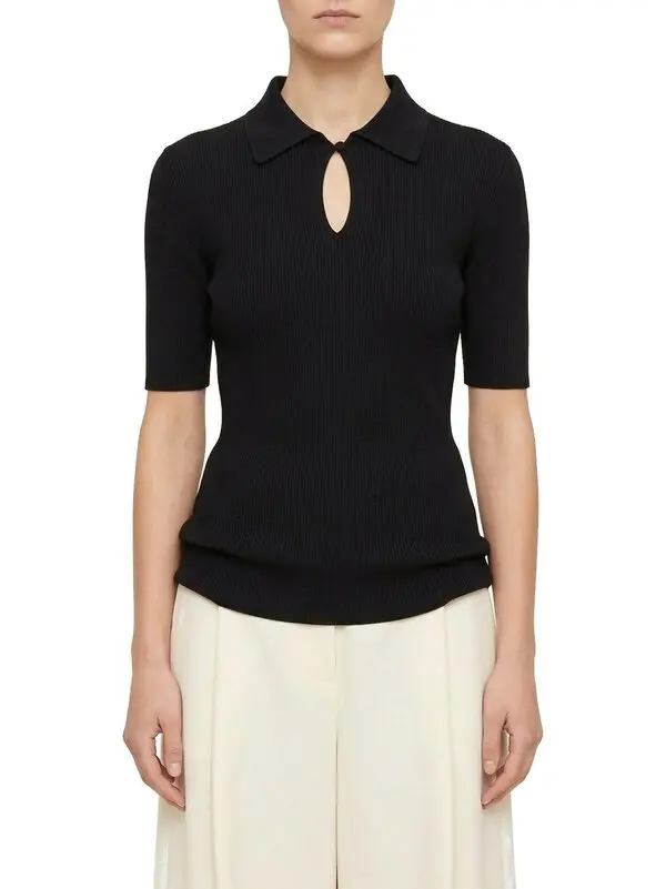 JIL SANDER Ribbed Virgin Wool Polo Shirt - Black