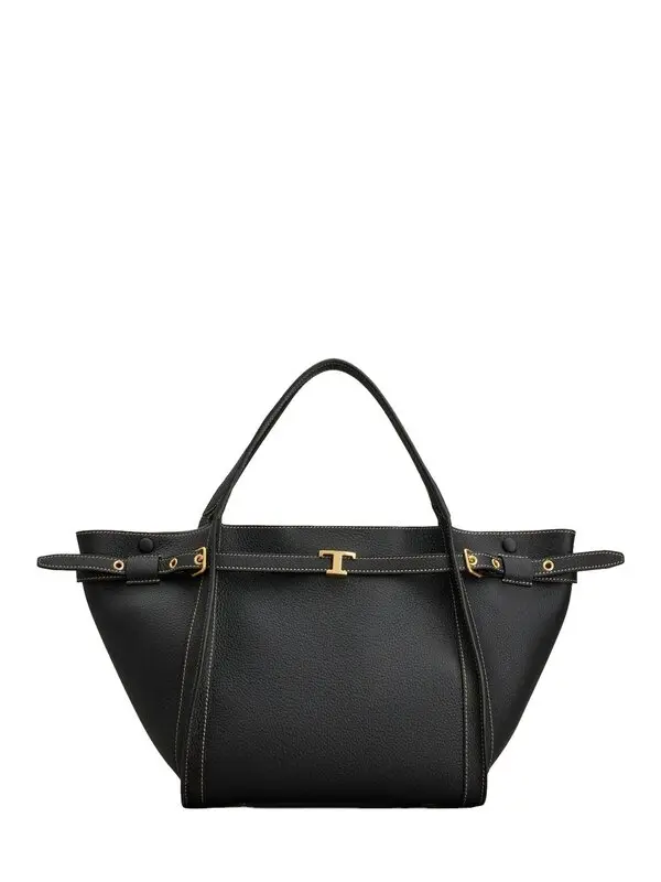 TOD'S Leather Handbag With Gold Tone T Hardware - Black