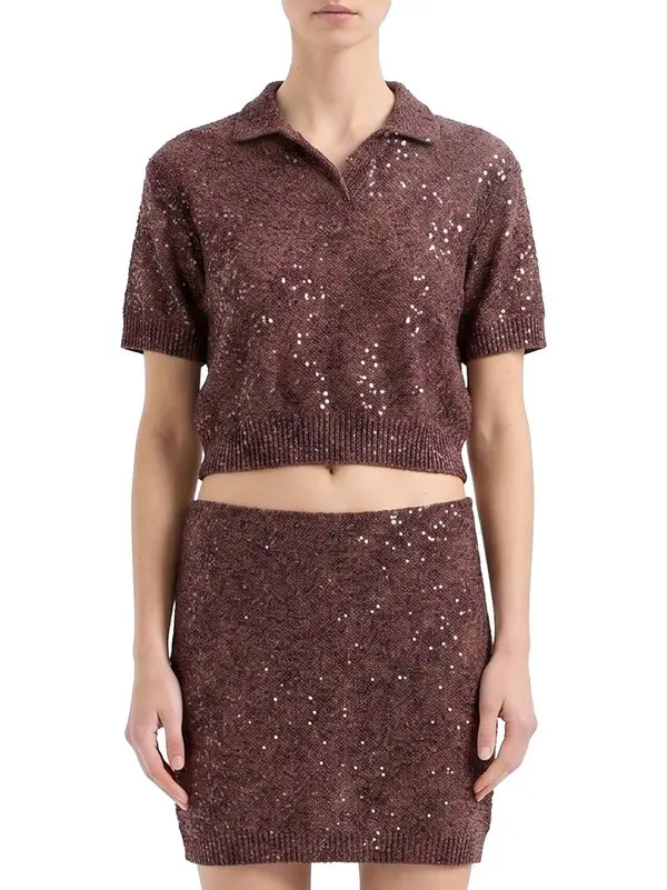 Brunello Cucinelli Sequined Linen, Cashmere, And Silk Polo Shirt - Brown