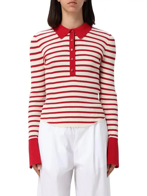 SEMICOUTURE Striped Ribbed Knit Polo Jumper - Red