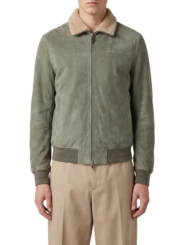Canali Suede Leather Bomber Jacket With Fur Collar And Elasticated Hem - Olive