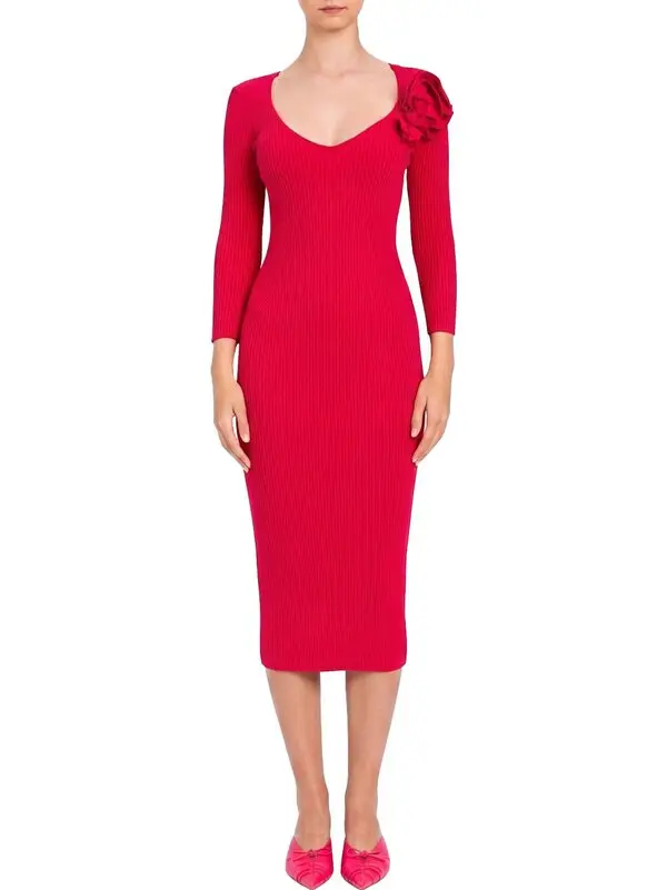 TWINSET Ribbed Jersey Midi Dress With Floral Appliqu - Red