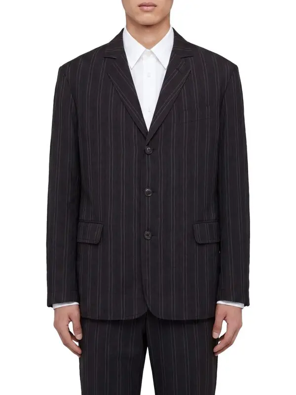 FERRAGAMO Pinstriped Linen Blend Single-breasted Blazer - Navy