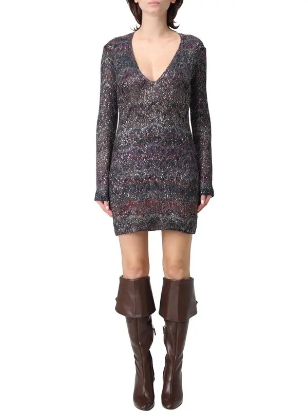Missoni V-neck Long Sleeve Knit Dress - Multicolor