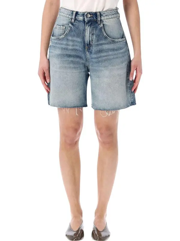ICON DENIM LOS ANGELES High Waisted Denim Shorts With Raw Edge Hem - Blue