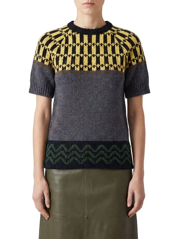 Marni Slim Fit Abstract Jacquard Wool Crewneck Sweater - Grey