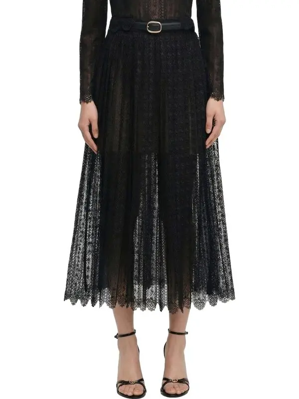 SELF-PORTRAIT Lace Pleated Midi Skirt - Black