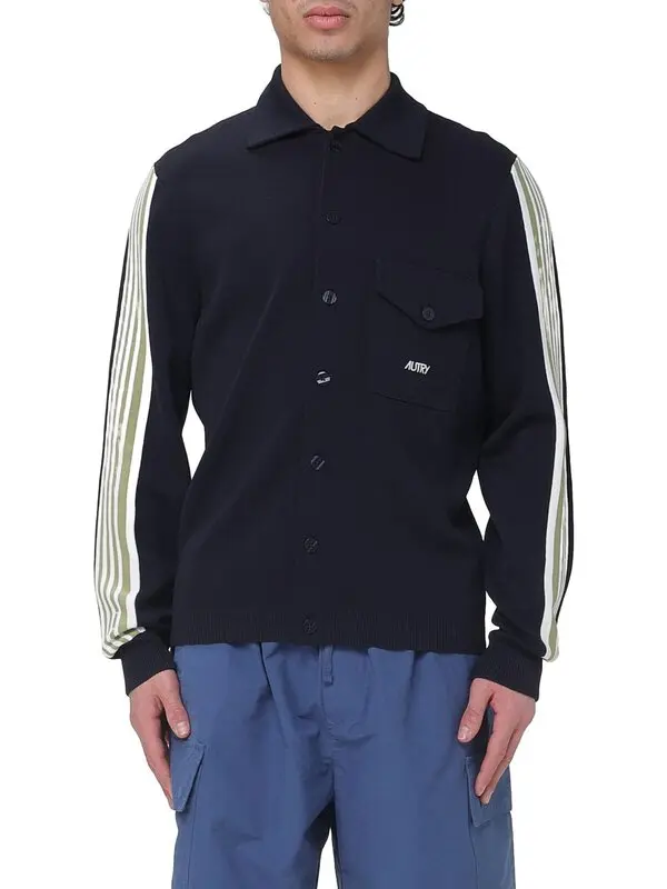 AUTRY Viscose Knit Polo Cardigan With Stripes - Blue