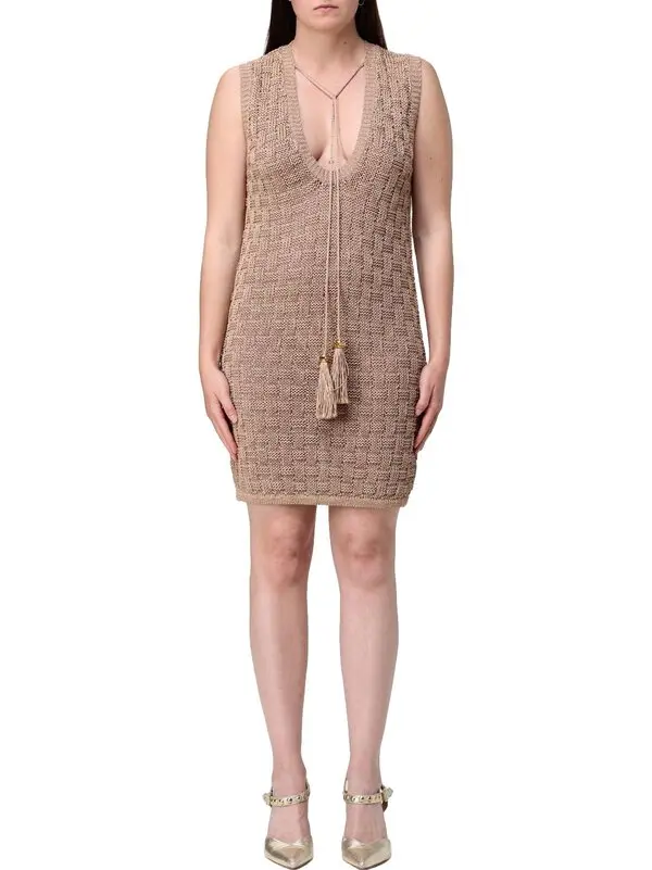 Elisabetta Franchi Knitted V-neck Mini Dress - Camel