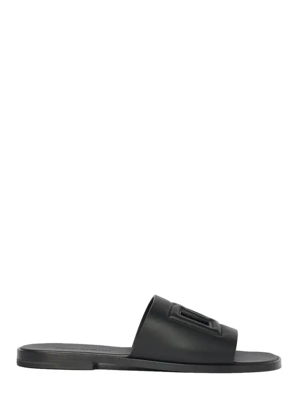 Dolce & Gabbana Embossed Dg Monogram Calf Leather Slides - Black
