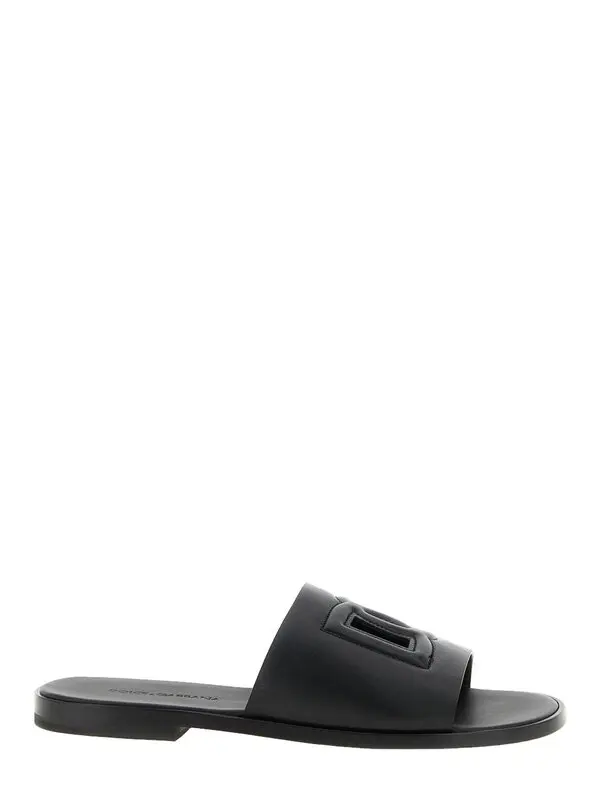 Dolce & Gabbana Smooth Calf Leather Slide Sandals With Dg Monogram - Black