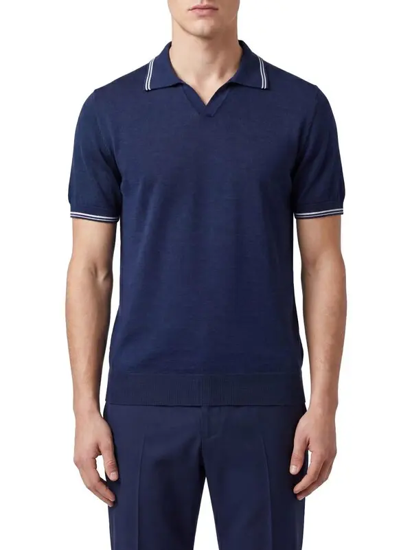 Fedeli Short-sleeved Knit Polo In Cashmere And Silk With Contrast Trims - Navy