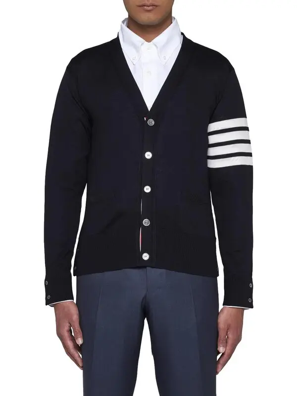 Thom Browne V-neck Cardigan With Signature Stripes - Blue