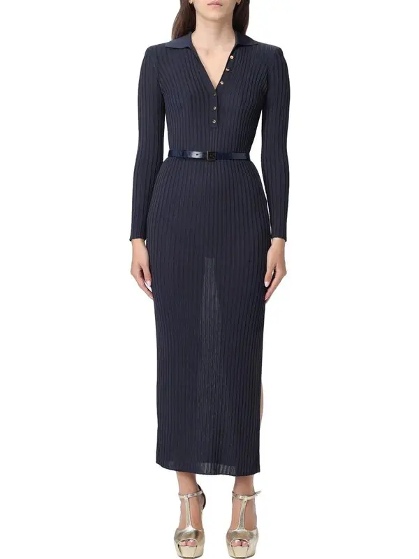 Elisabetta Franchi Ribbed Knit Midi Dress With Belt - Blue