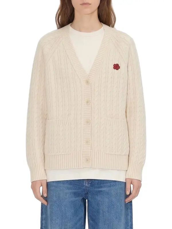 Kenzo Flower Cotton And Wool Cardigan - Ecru