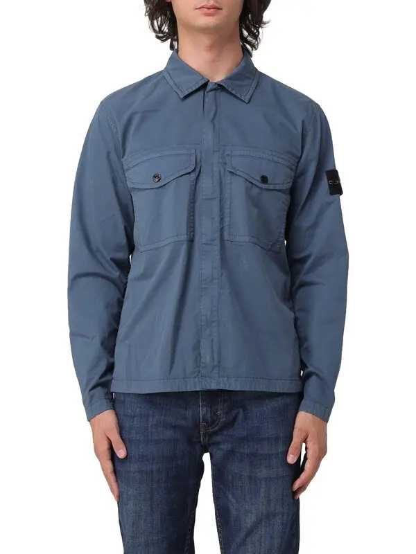 Stone Island Slim Fit Cotton Twill Shirt Jacket With Compass Logo - Blue