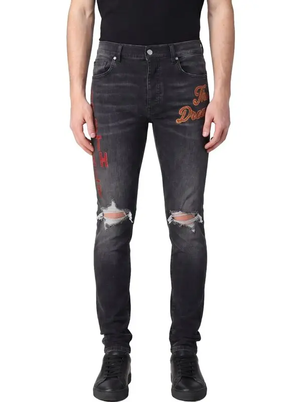 Amiri South Cali Skinny Jeans In Distressed Stretch Denim With Patches And Embroidery - Grey