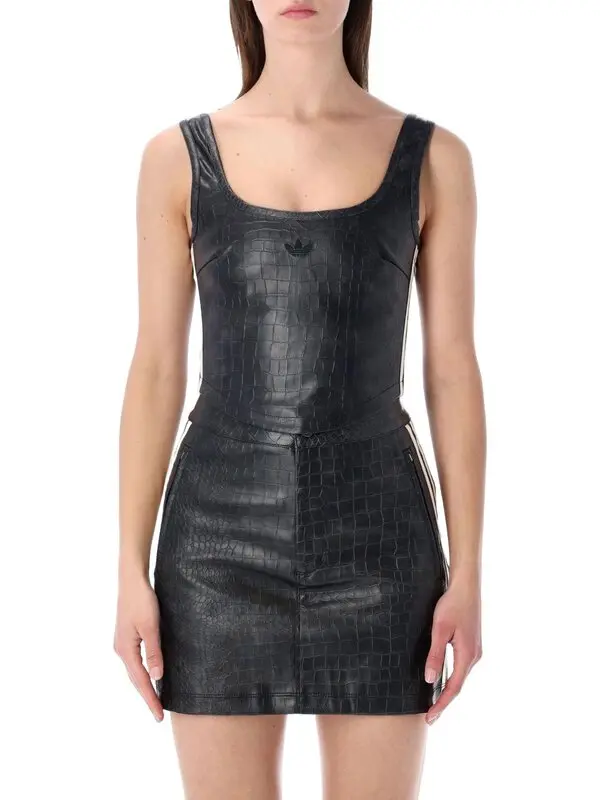 ADIDAS ORIGINALS Croc Print Synthetic Leather Square Neck Top - Black