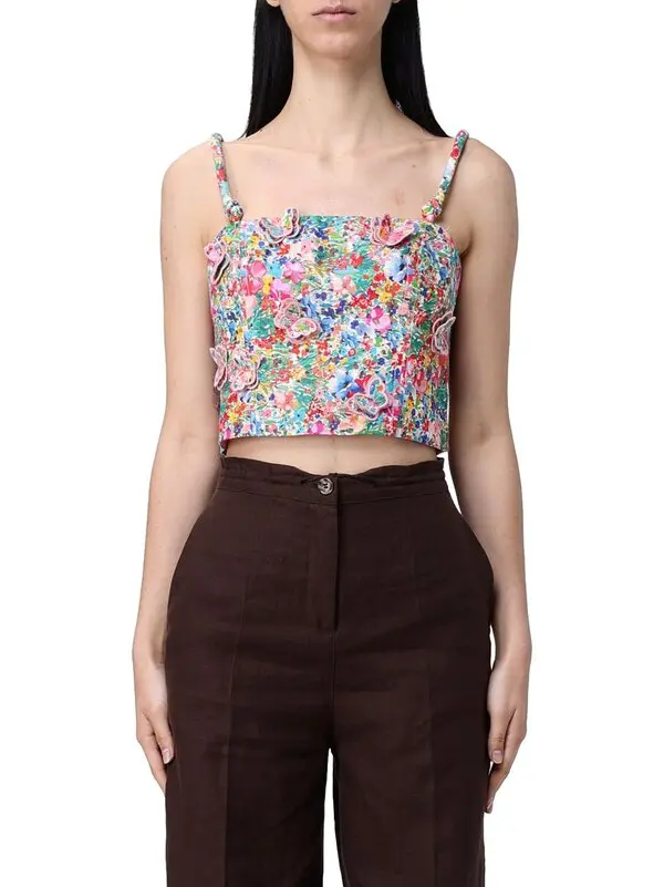 Farm Rio Floral Crop Top With Butterfly Appliqués - Multicolor