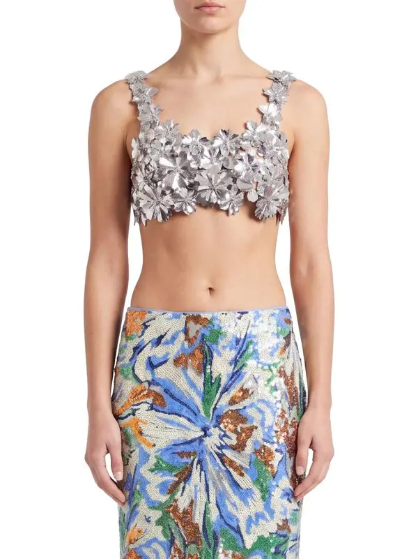 Rabanne Cropped Evening Top With 3d Flowers - Silver