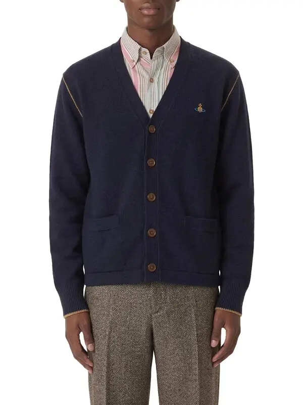 VIVIENNE WESTWOOD Merino Wool And Cashmere Cardigan With Orb Logo - Navy